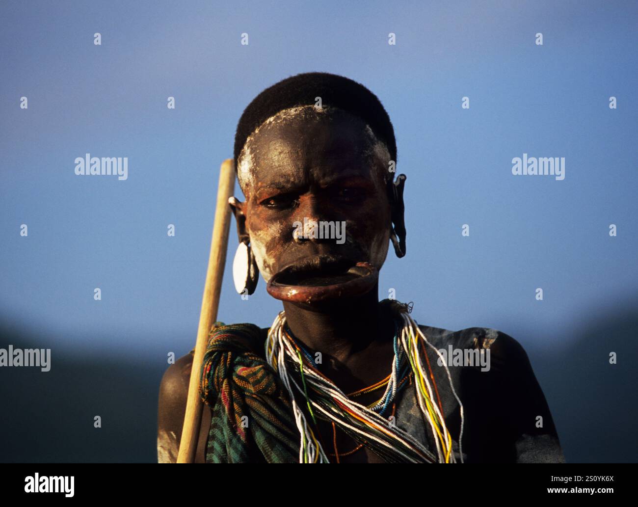 Portrait of a Suri woman taken along the Kibish river in the Lower Omo ...