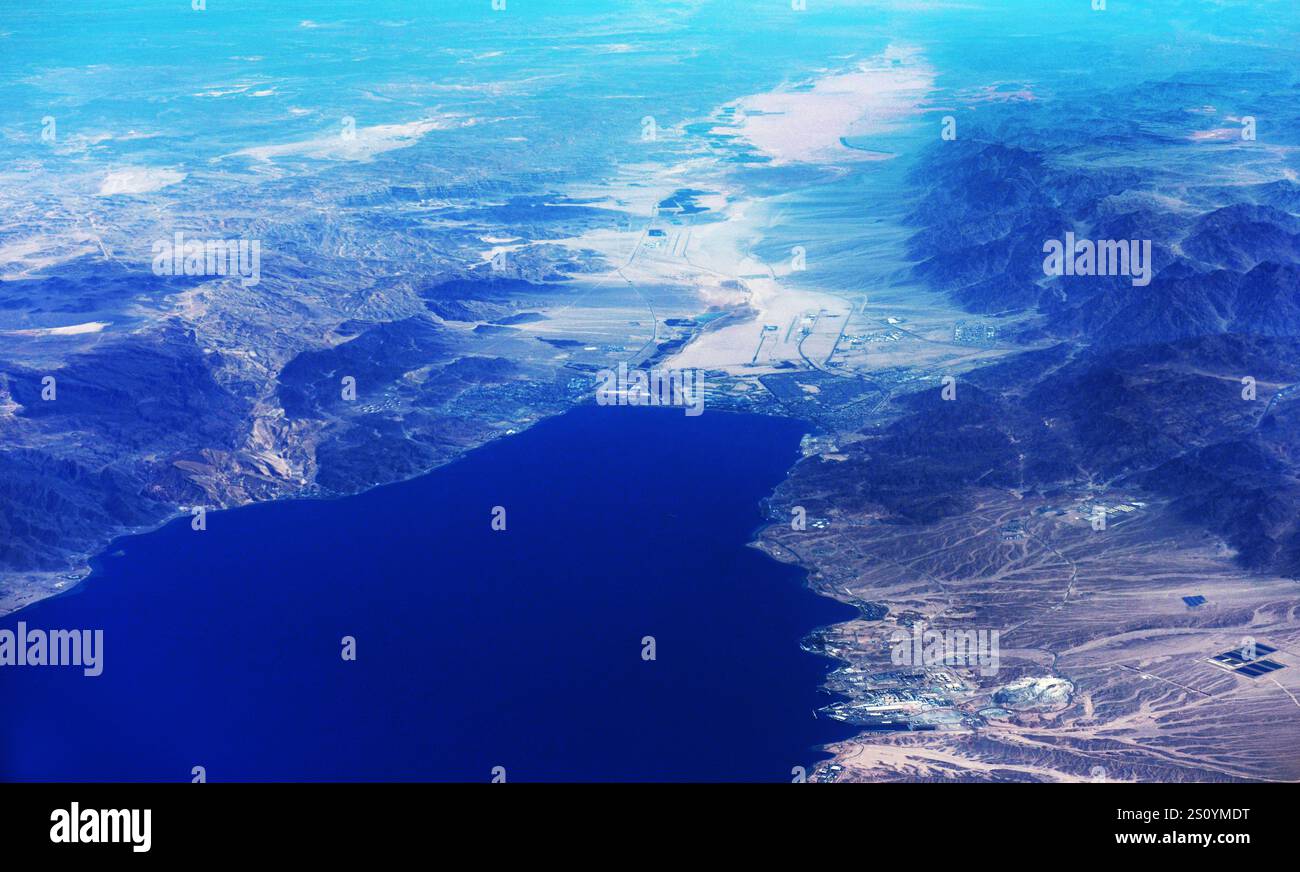 Aerial view of the Gulf of Aqaba and the Saudi and Jordanian coastline ...