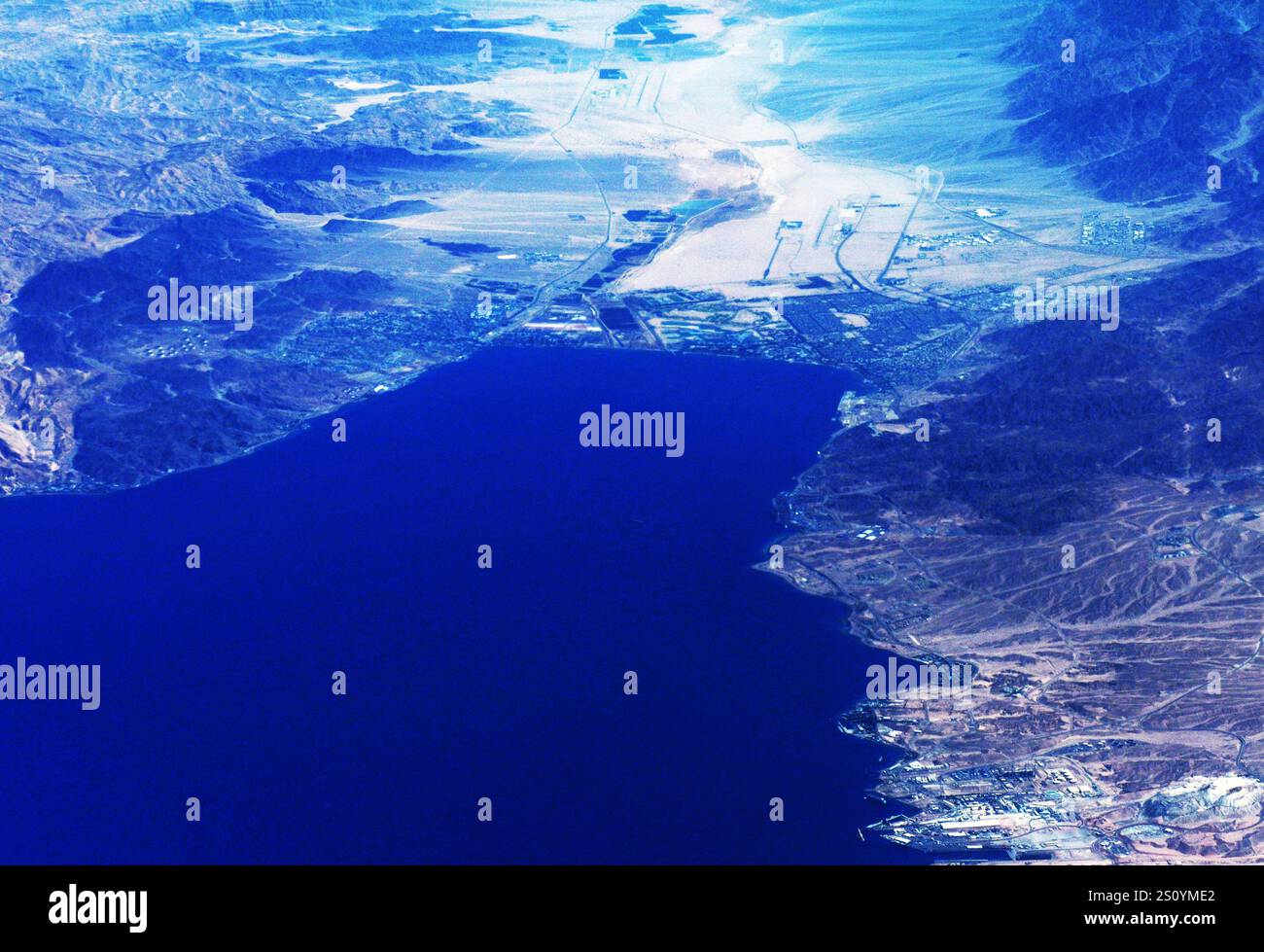 Aerial view of the Gulf of Aqaba and the Saudi and Jordanian coastline ...
