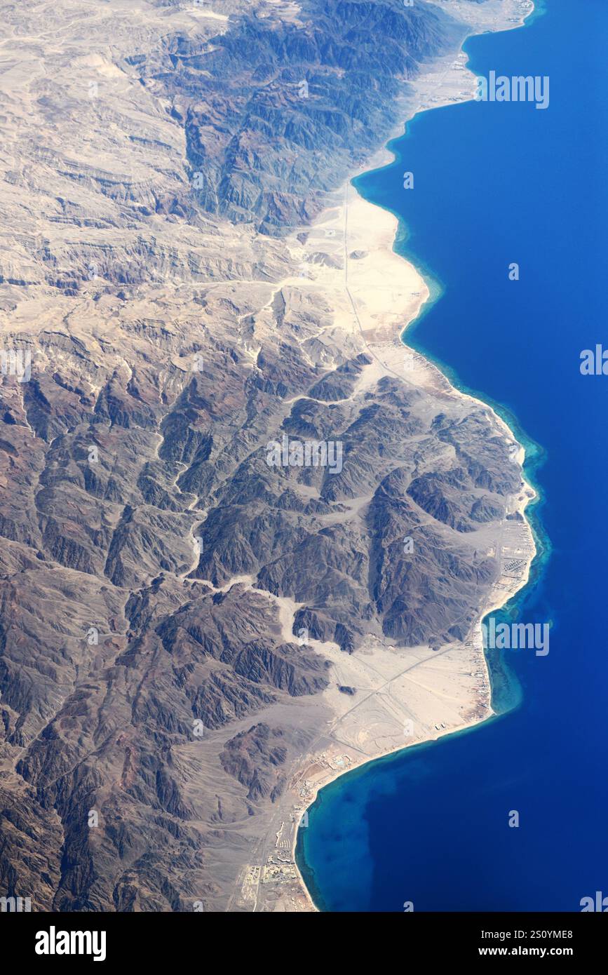 Aerial view of the Egyptian coastline in the Nuweiba area in the Sinai ...