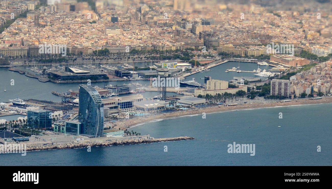 Aerial view of the W Barcelona hotel and the waterfront area in ...