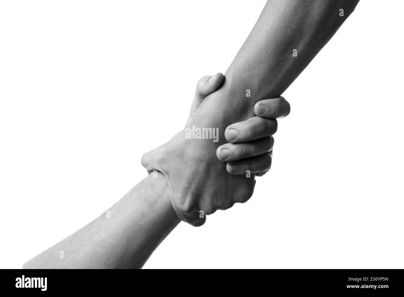 Help and support. People holding hands on white background, closeup. Toned in black and white ...