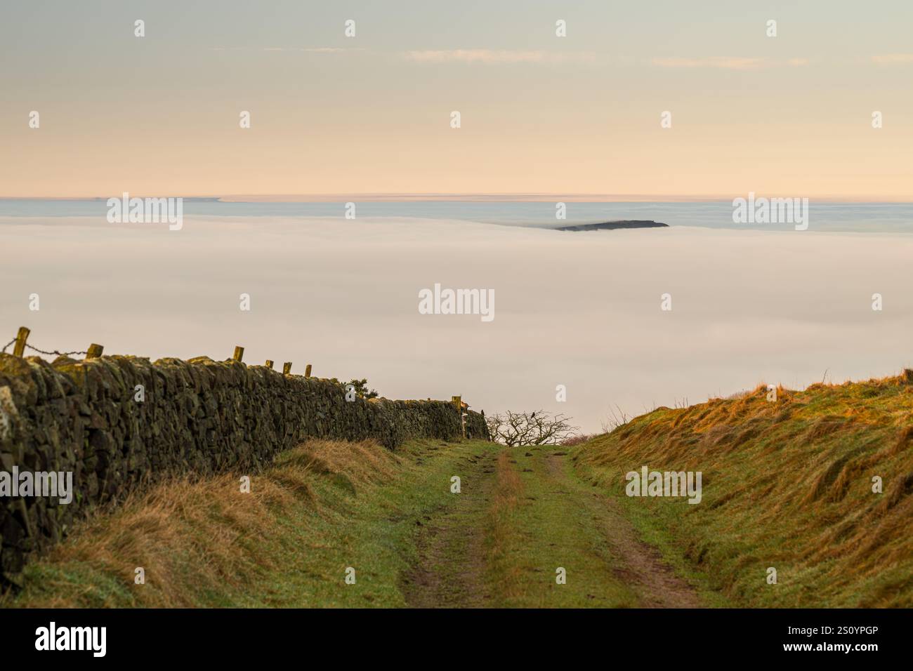 A winter sunrise landscape vignette of Bosley Cloud, Congleton during a ...