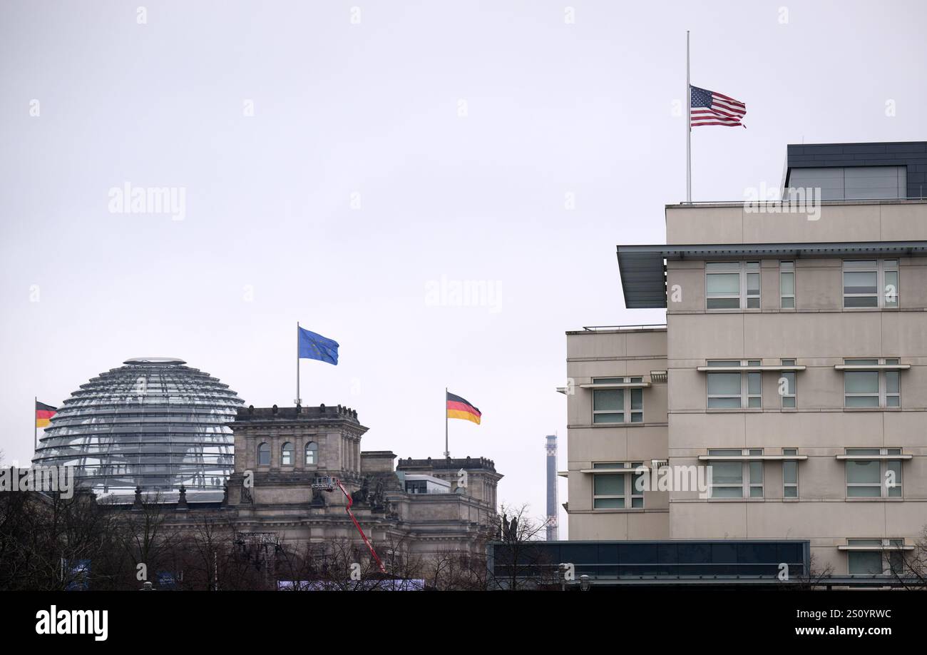 Berlin, Germany. 30th Dec, 2024. The flags at the Embassy of the United ...