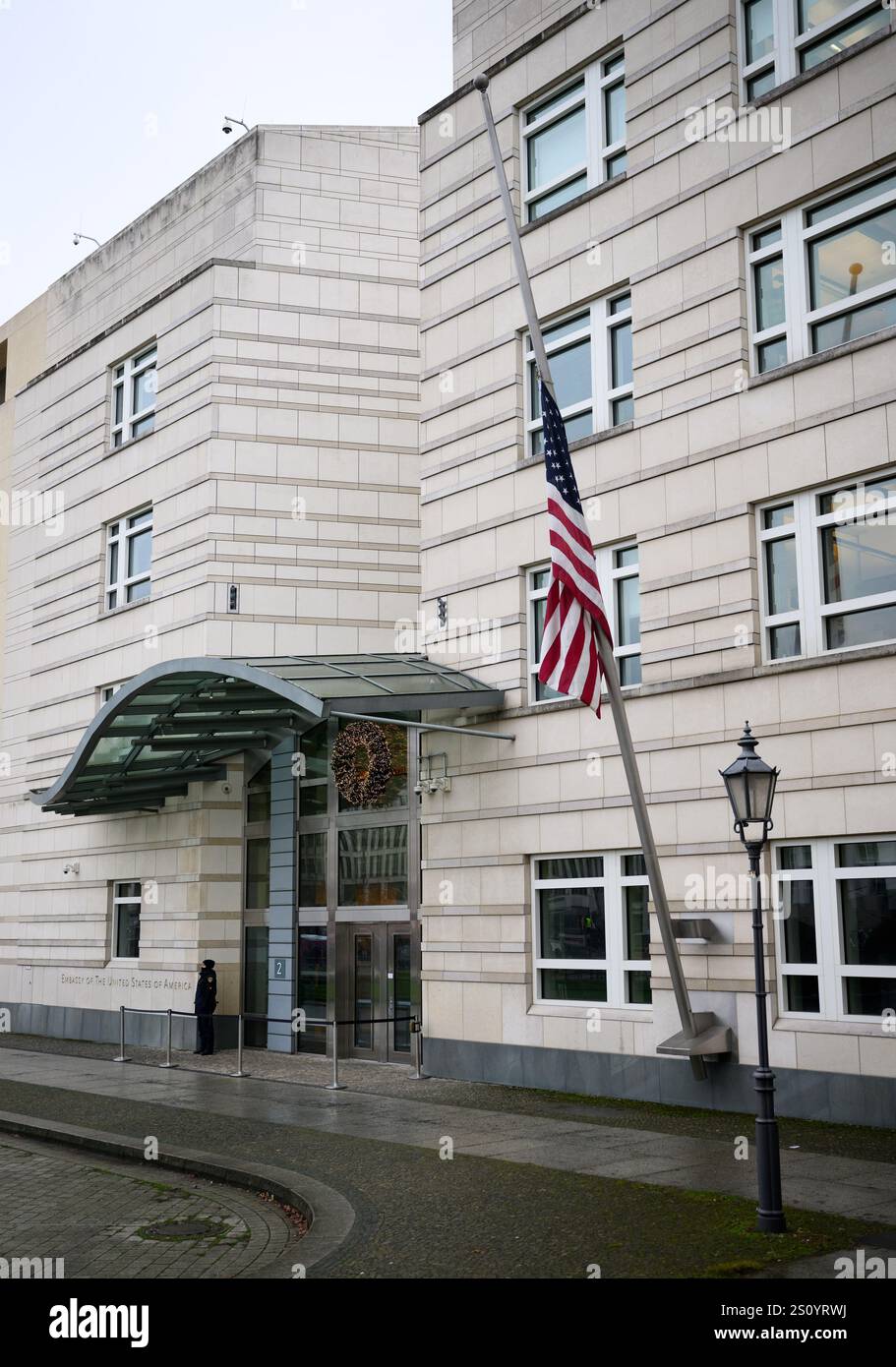 30 December 2024, Berlin: The flags at the Embassy of the United States ...