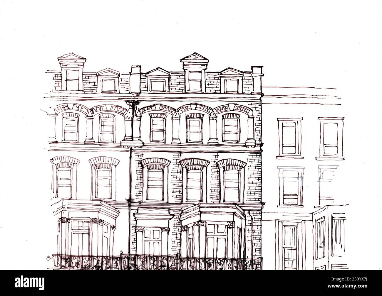 Pen and ink sketch of a Victorian terraced house in England, UK on a ...
