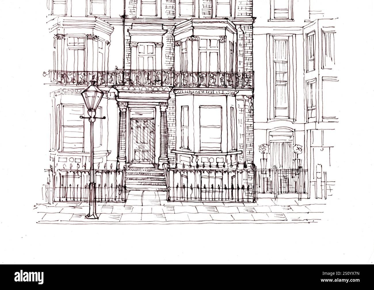 Pen and ink sketch of a Victorian terraced house in England, UK on a ...