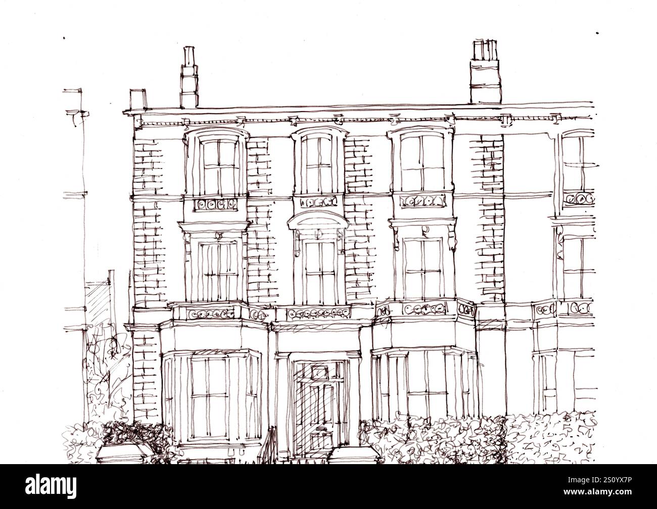 Pen and ink sketch of a Victorian terraced house in England, UK on a ...