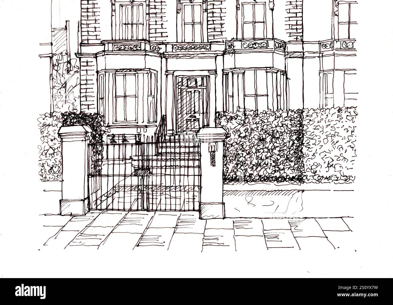 Pen and ink sketch of a traditional Victorian terraced house in England ...