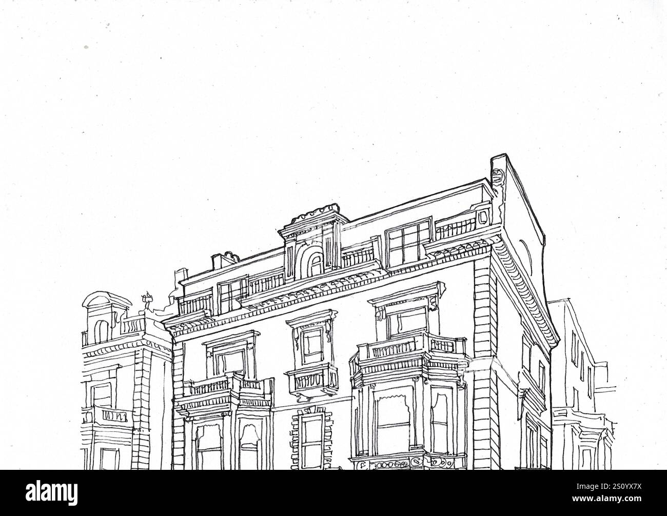 Pen and ink sketch of a traditional building in England, UK on a white ...