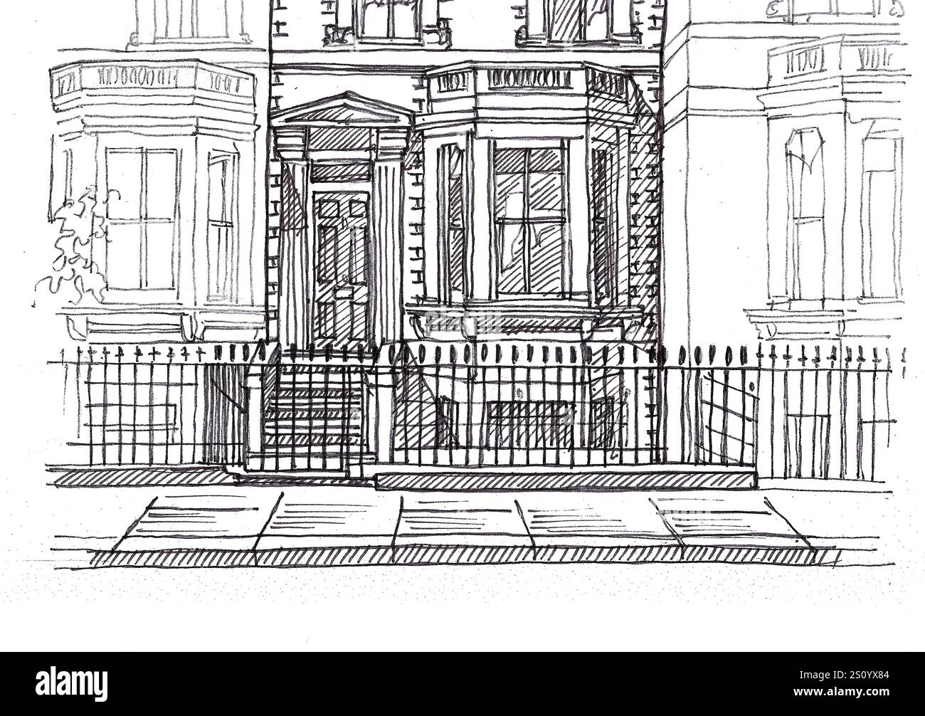 Pen and ink sketch of a traditional Victorian terraced house in England ...