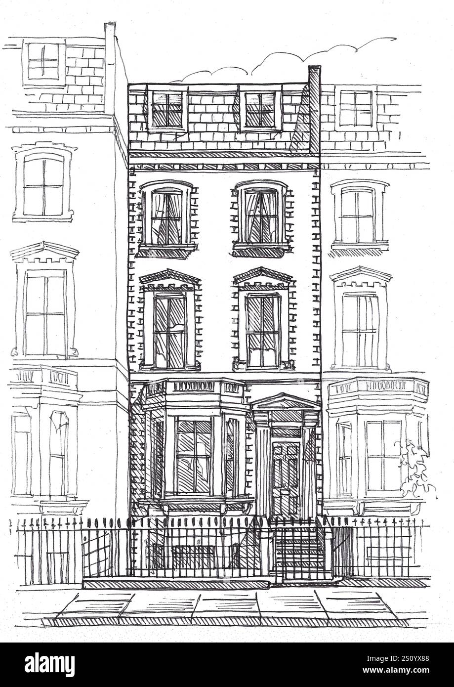 Pen and ink sketch of a traditional Victorian terraced house in England ...