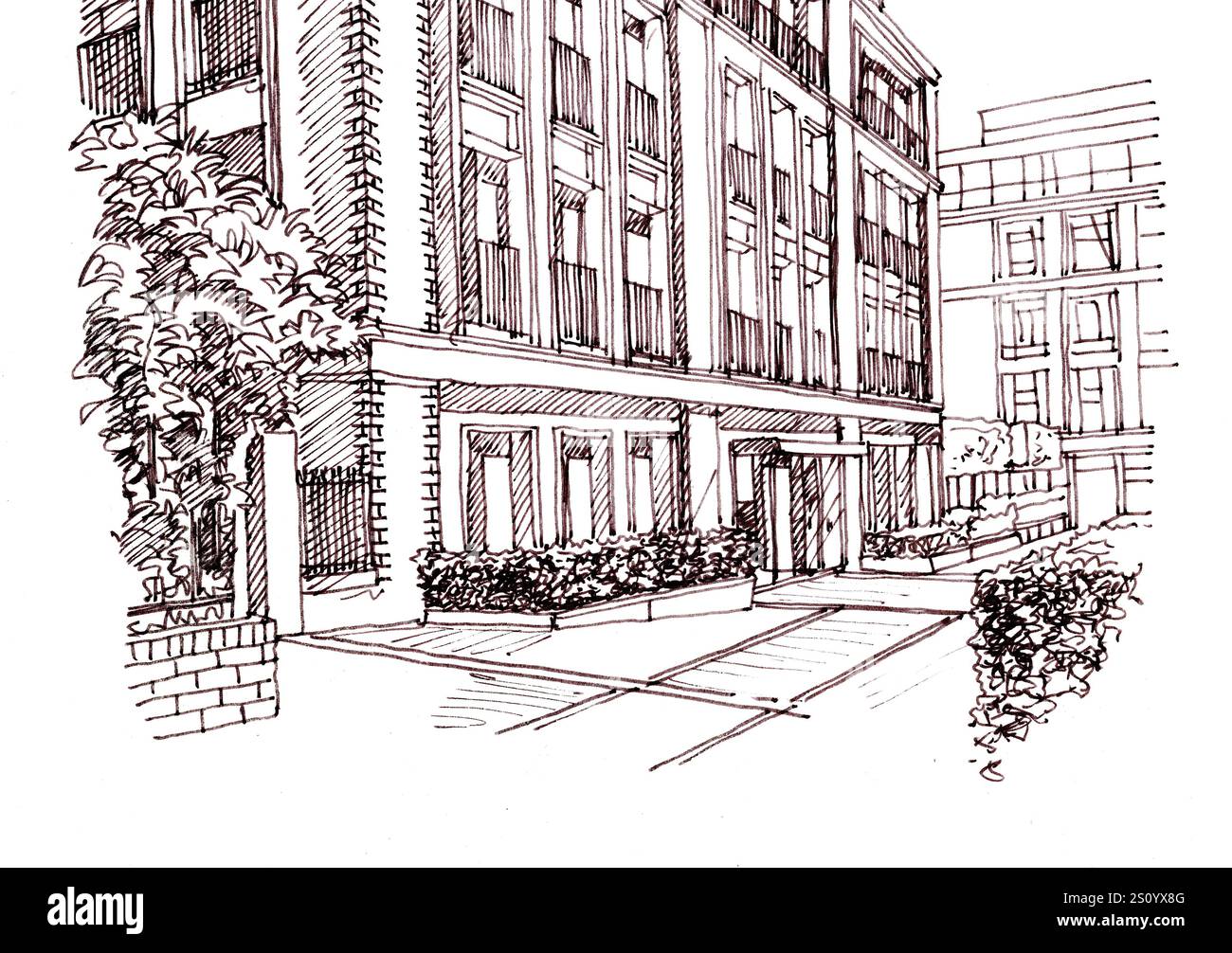 Pen and ink sketch of a modern apartment block in England, UK on a ...