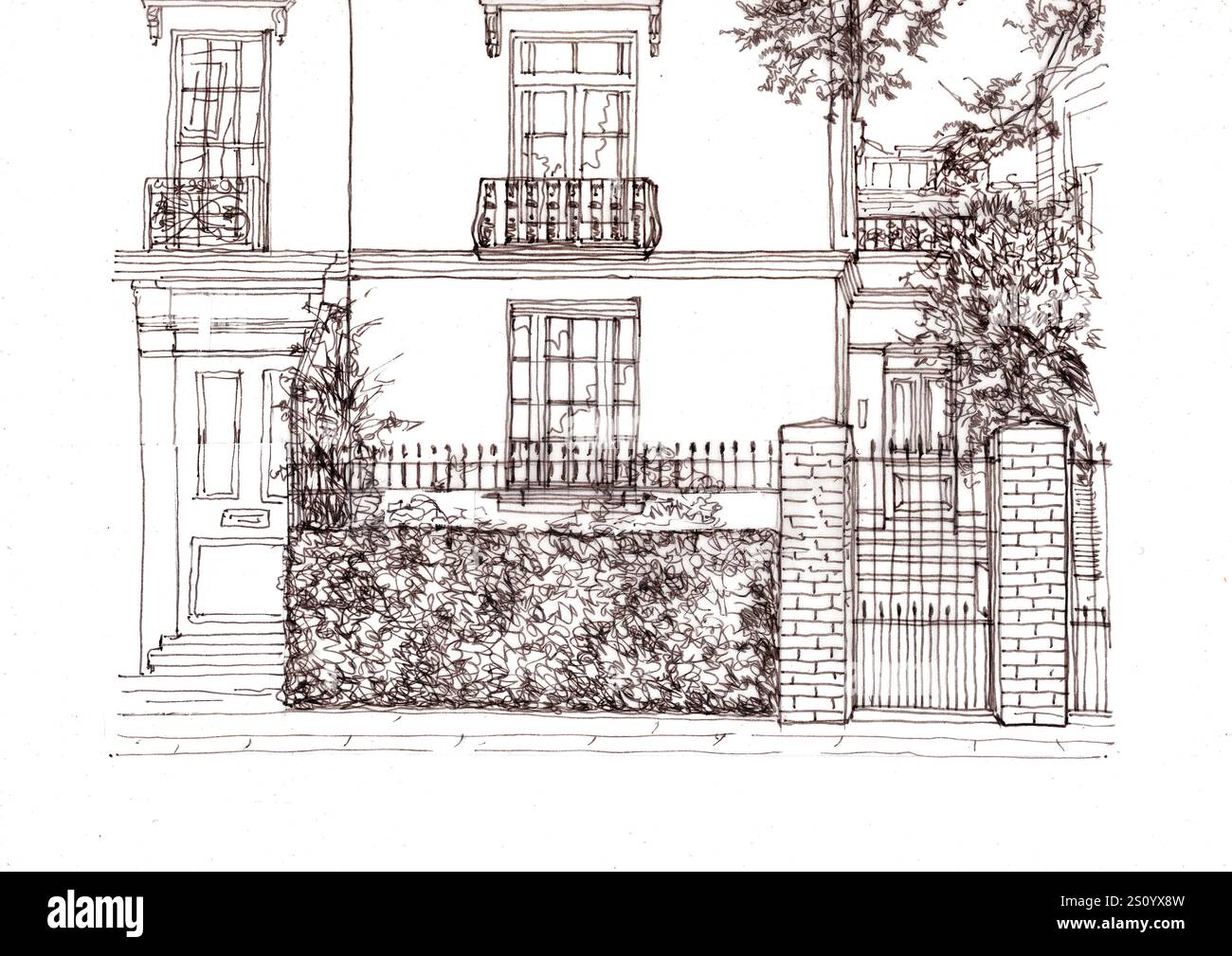 Pen and ink sketch of a traditional Victorian terraced house in England ...