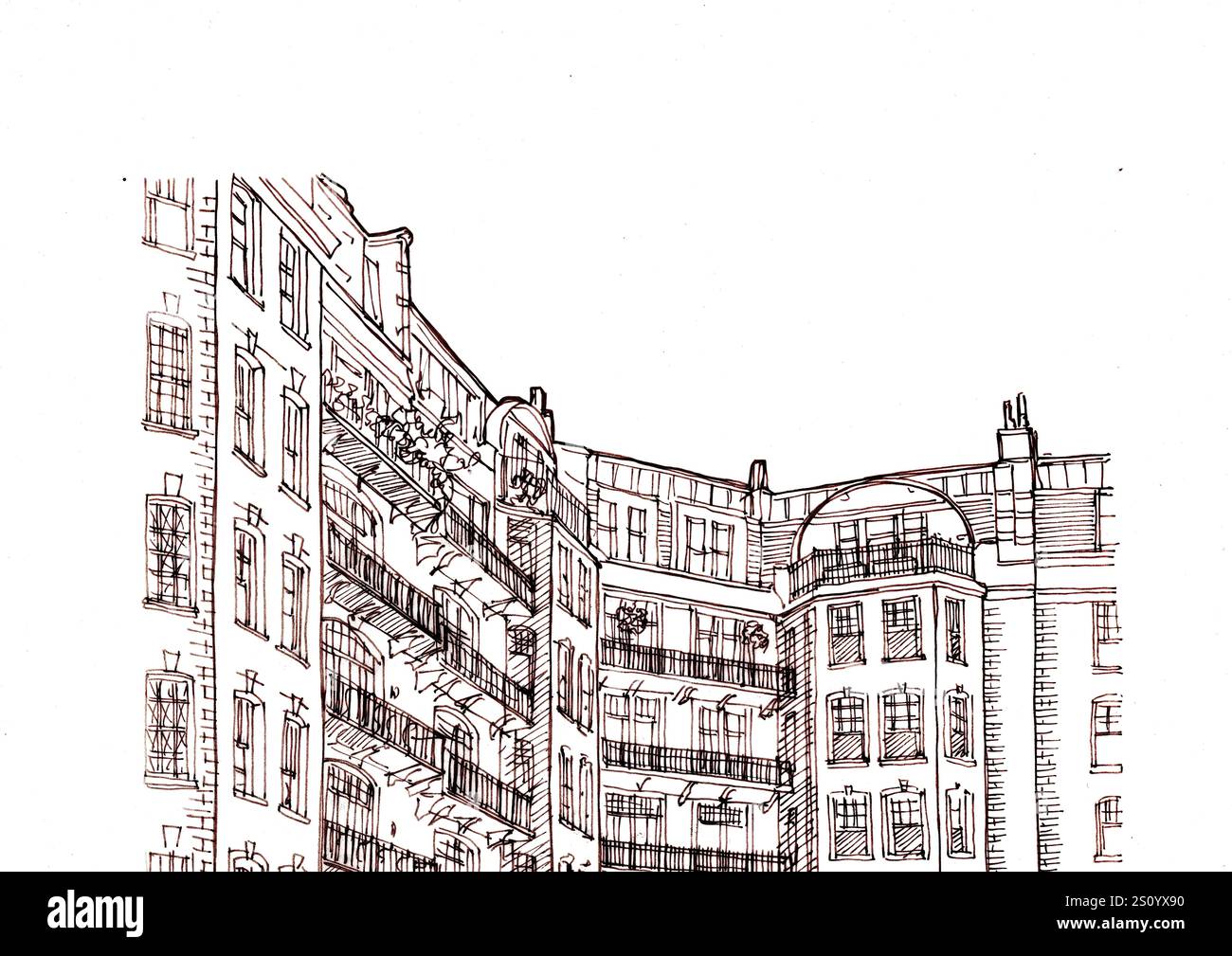 Pen and ink sketch of a traditional apartment block in England, UK on a ...