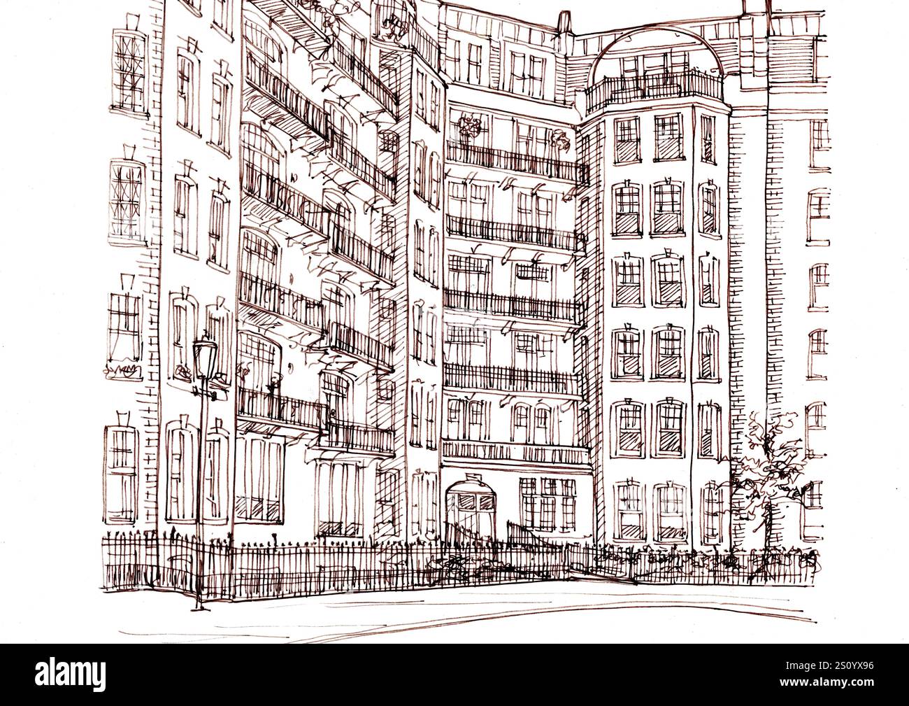 Pen and ink sketch of a traditional apartment block in England, UK on a ...