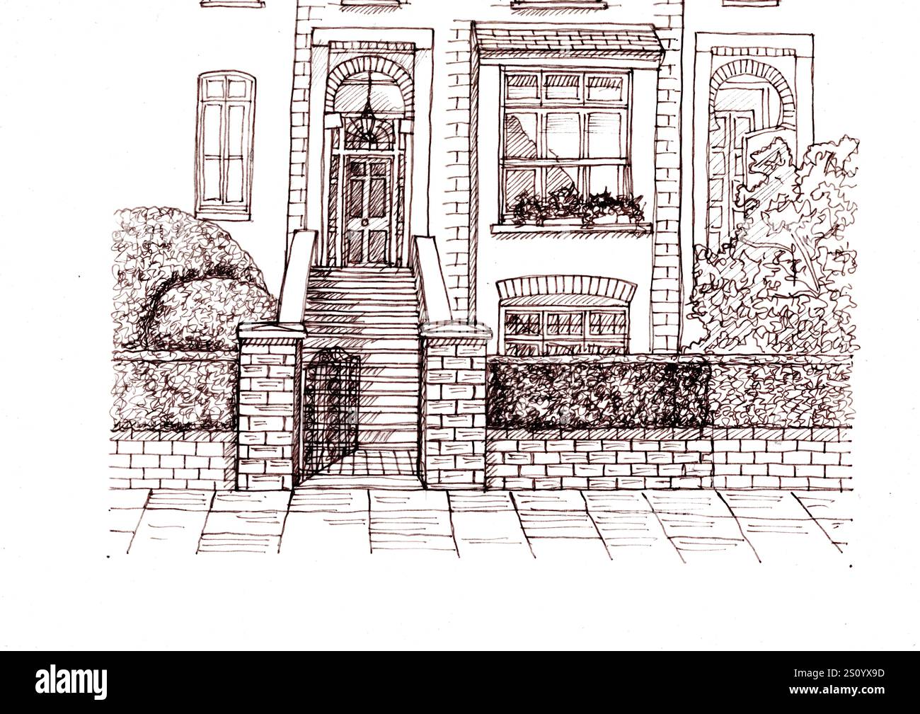 Pen and ink sketch of a traditional Victorian terraced house in England ...