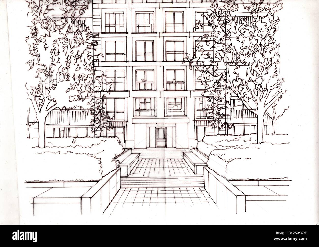 Pen and ink sketch of a modern apartment block in England, UK on a ...