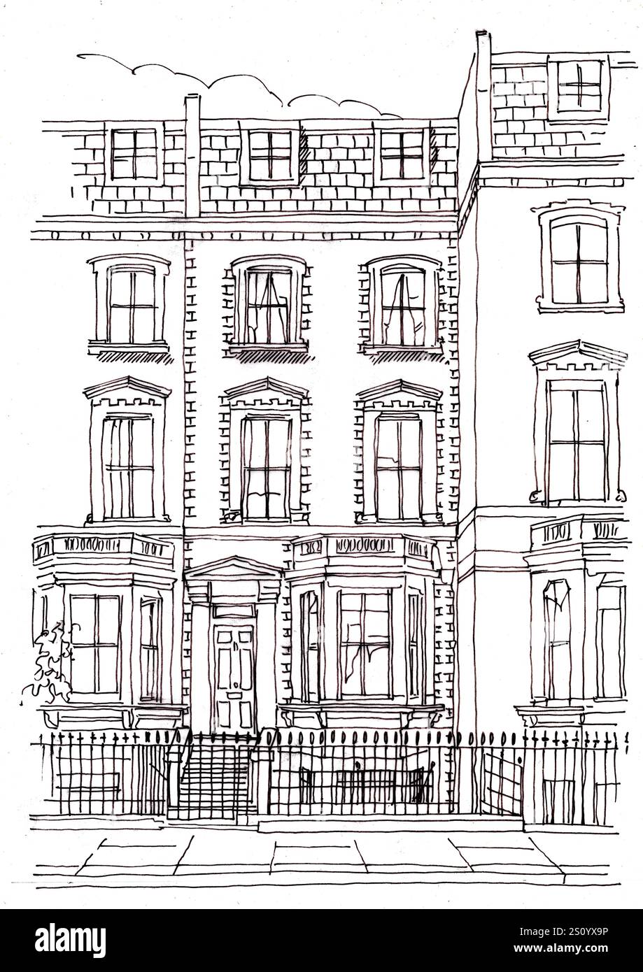 Pen and ink sketch of a traditional Victorian terraced house in England ...