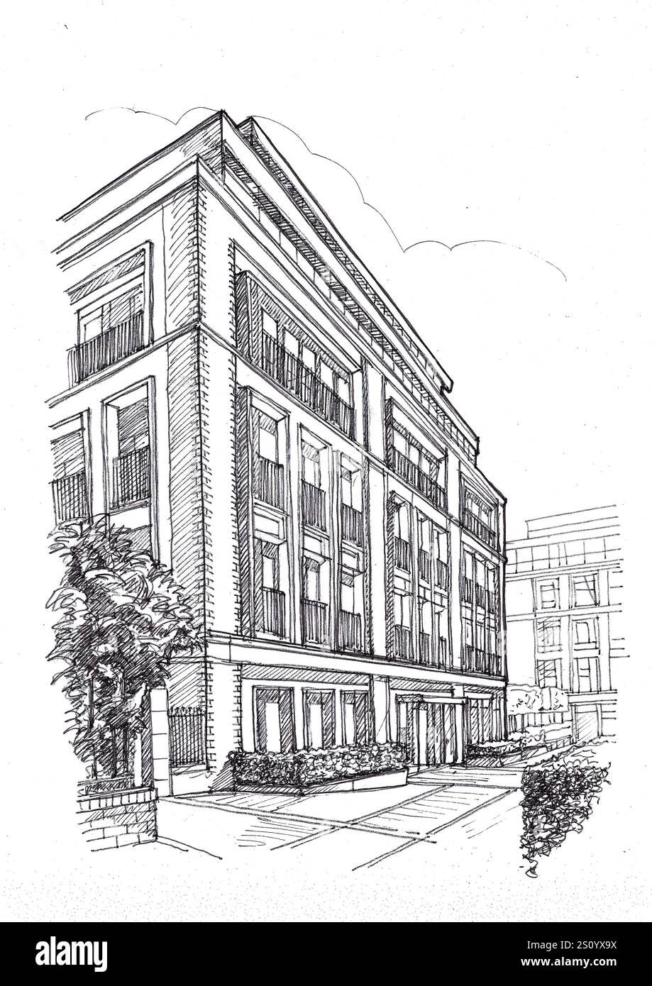 Pen and ink sketch of a modern apartment block in England, UK on a ...