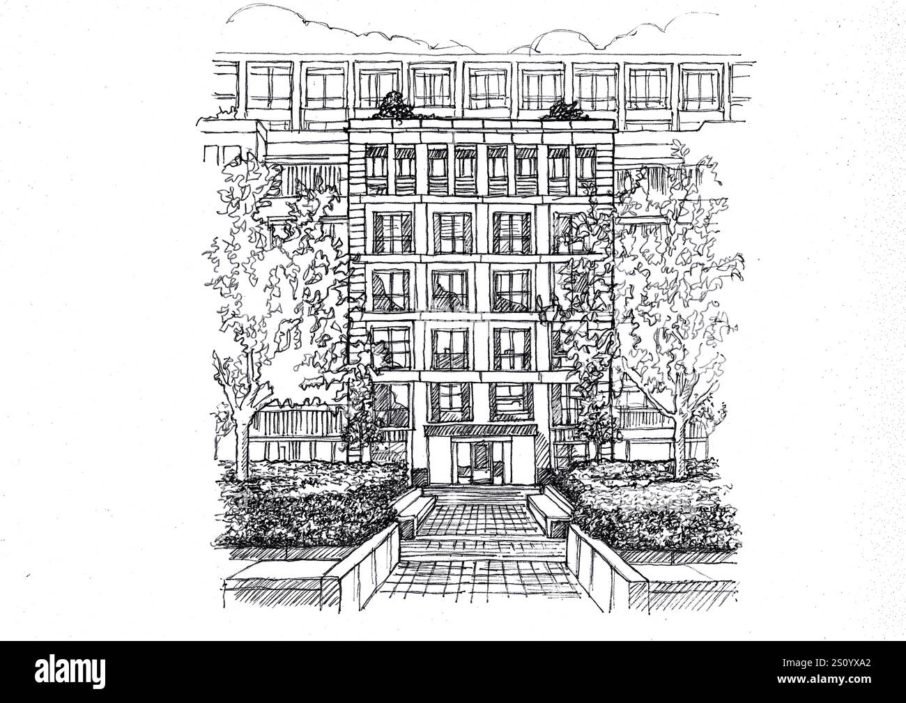Pen and ink sketch of a modern apartment block in England, UK on a ...