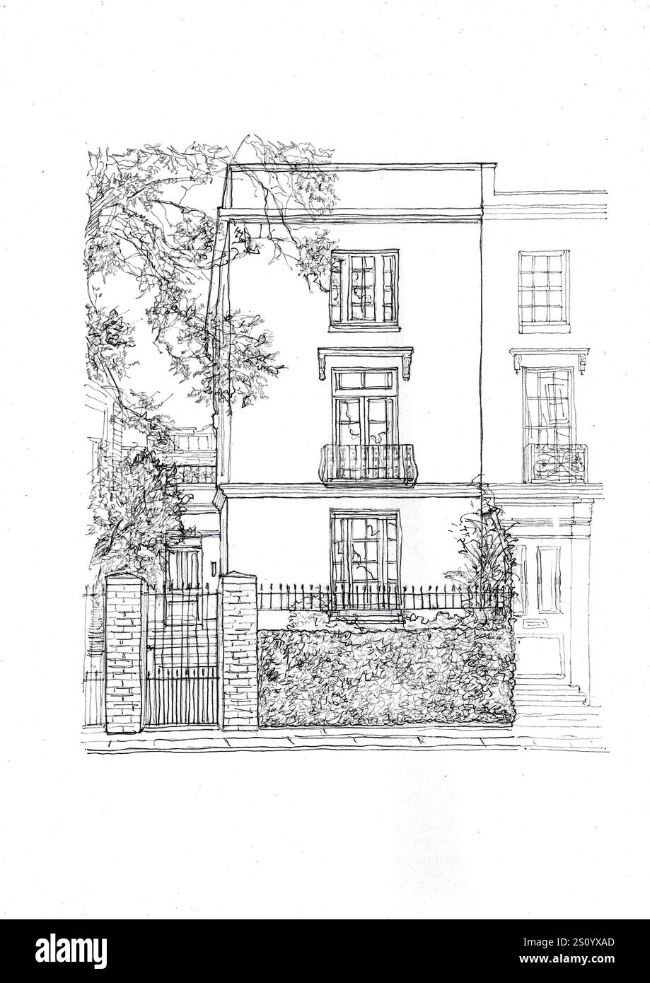 Pen and ink sketch of a traditional Victorian terraced house in England ...