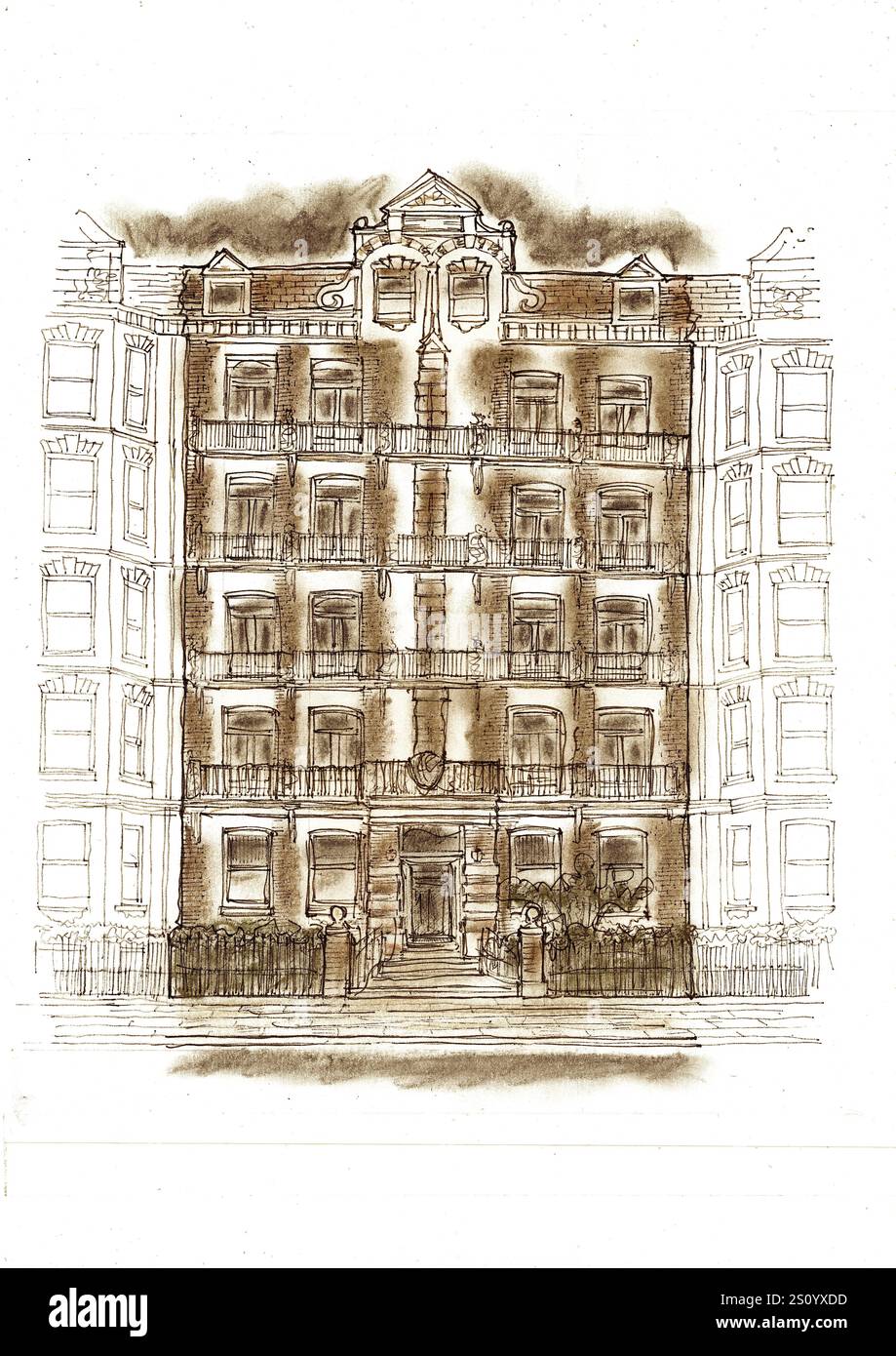 Pen and ink sketch in sepia of a traditional terraced mansion in ...