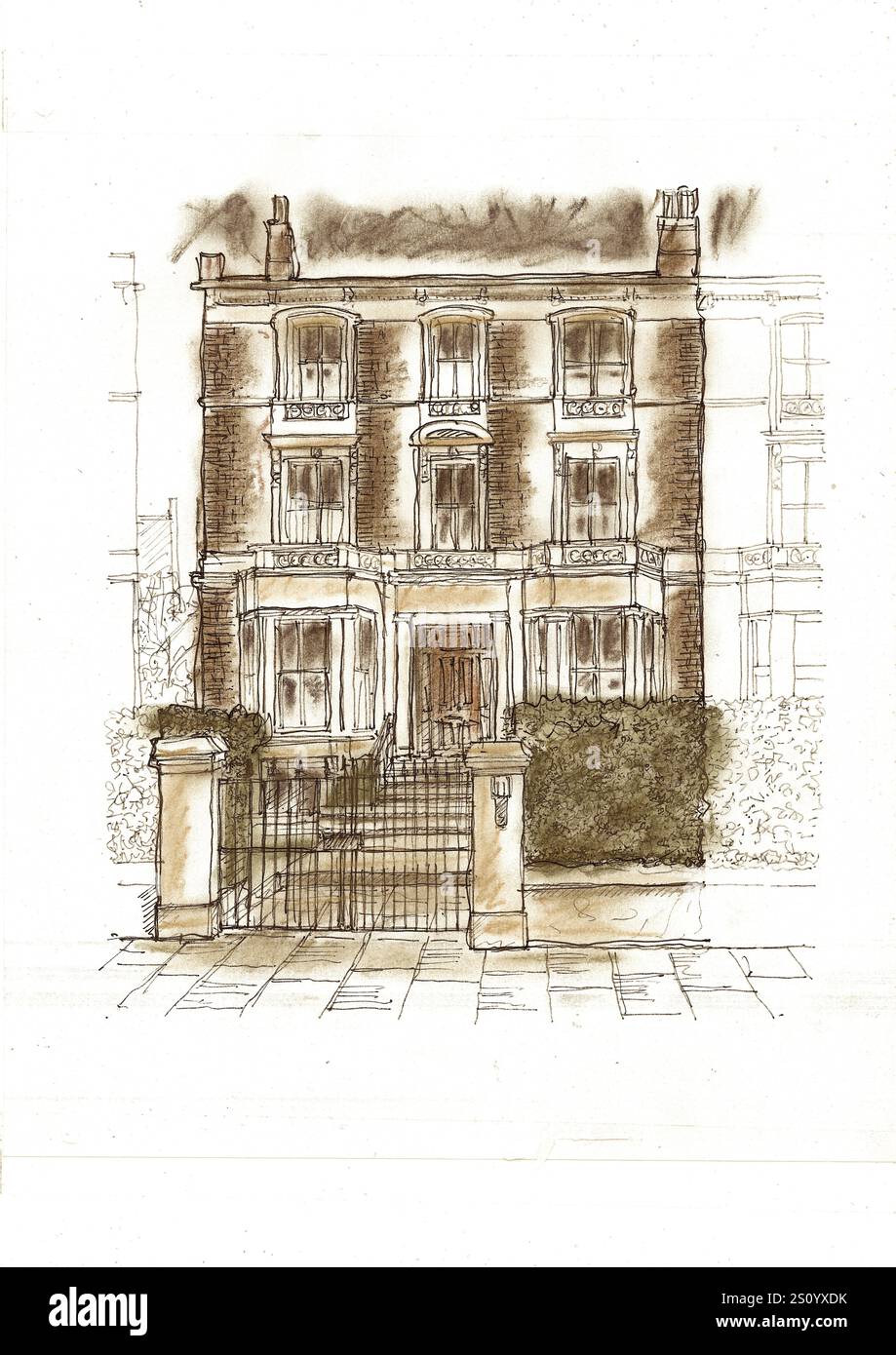 Pen and ink sketch in sepia of a Victorian terraced house in England, UK on a white background ...