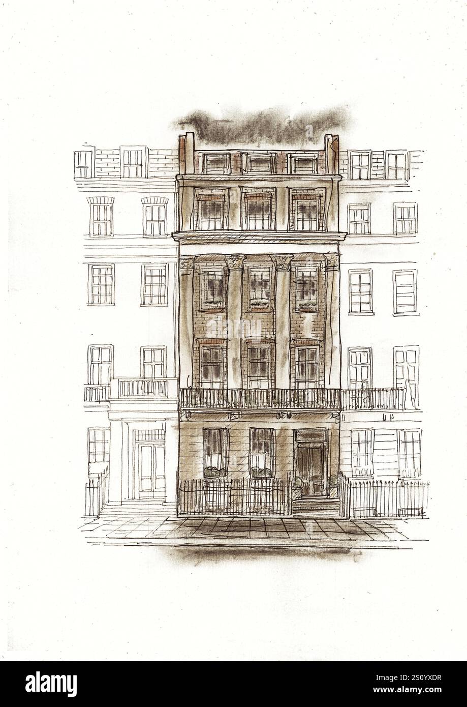 Pen and ink sketch in sepia of a traditional terraced house in England ...