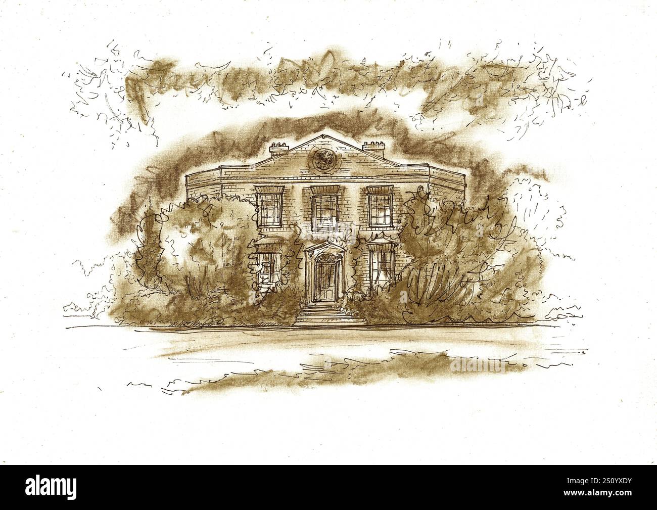 Pen and ink sketch in sepia of a country house in England, UK on a ...