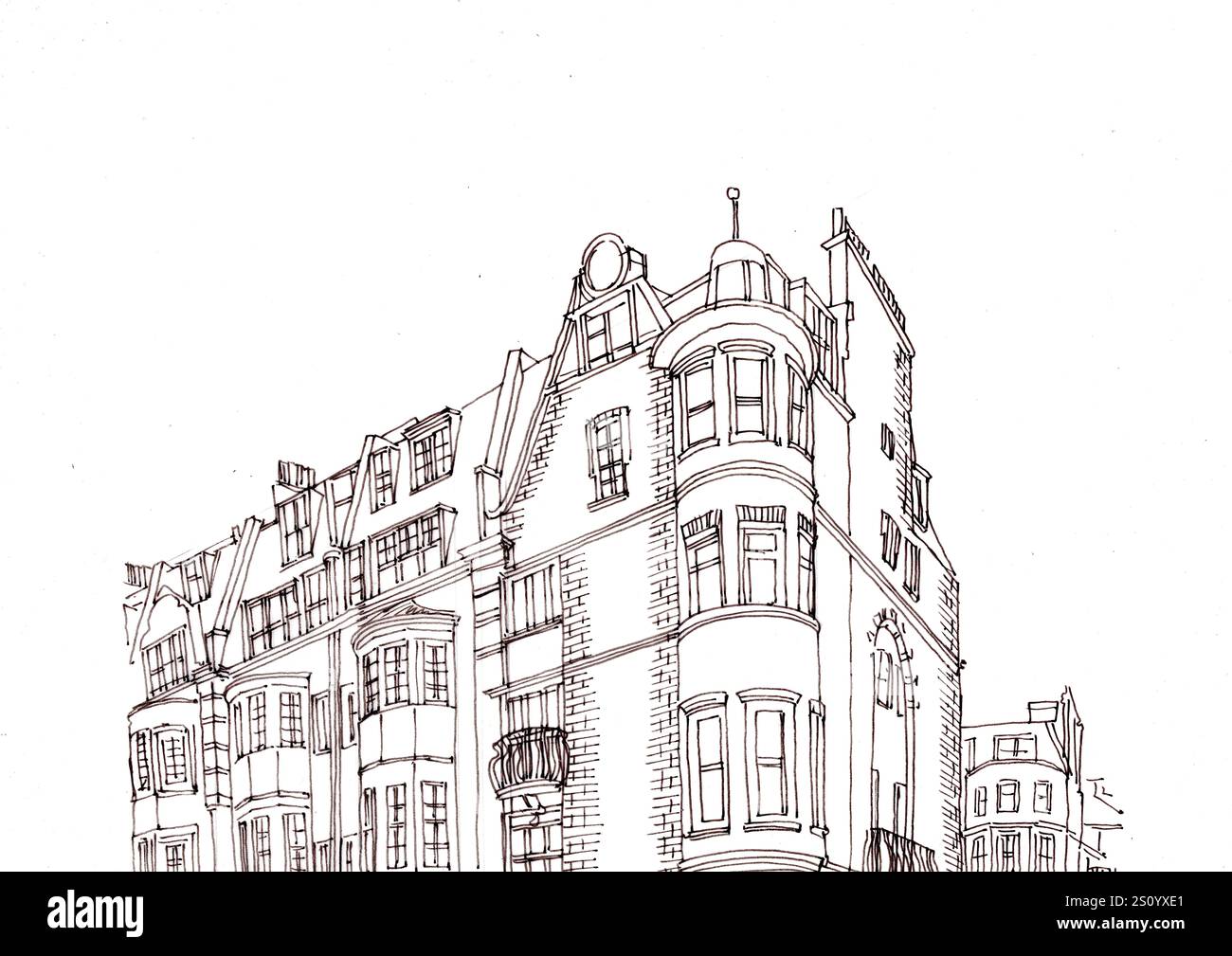 Pen and ink sketch of a traditional building in England, UK on a white ...