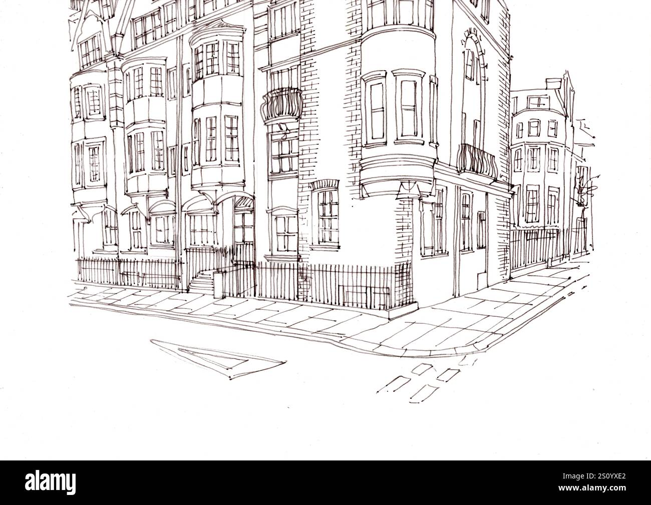 Pen and ink sketch of a traditional building in England, UK on a white ...