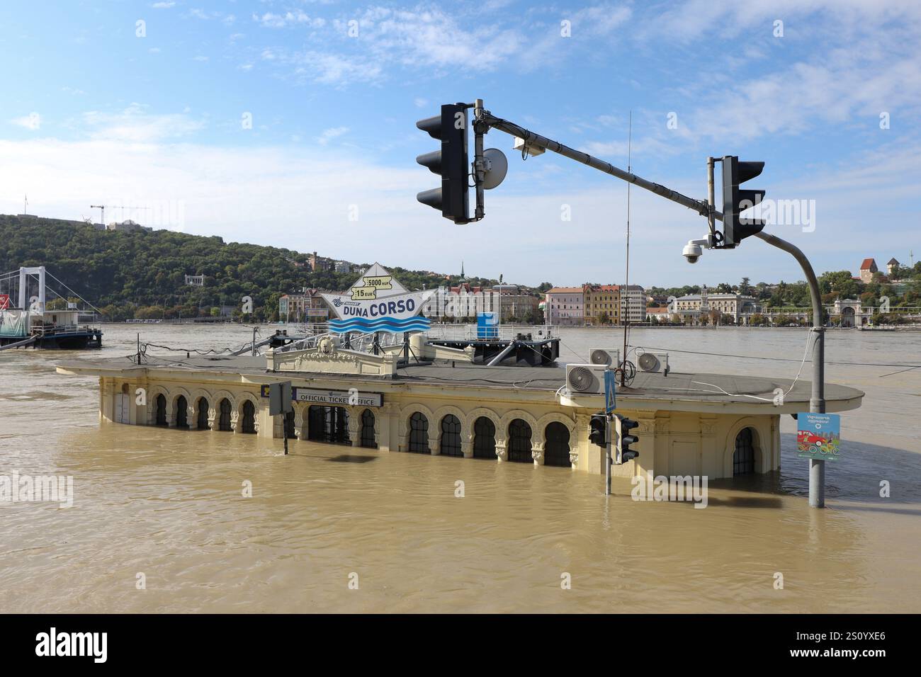 A ticket office under water following the flooding of the Danube River ...