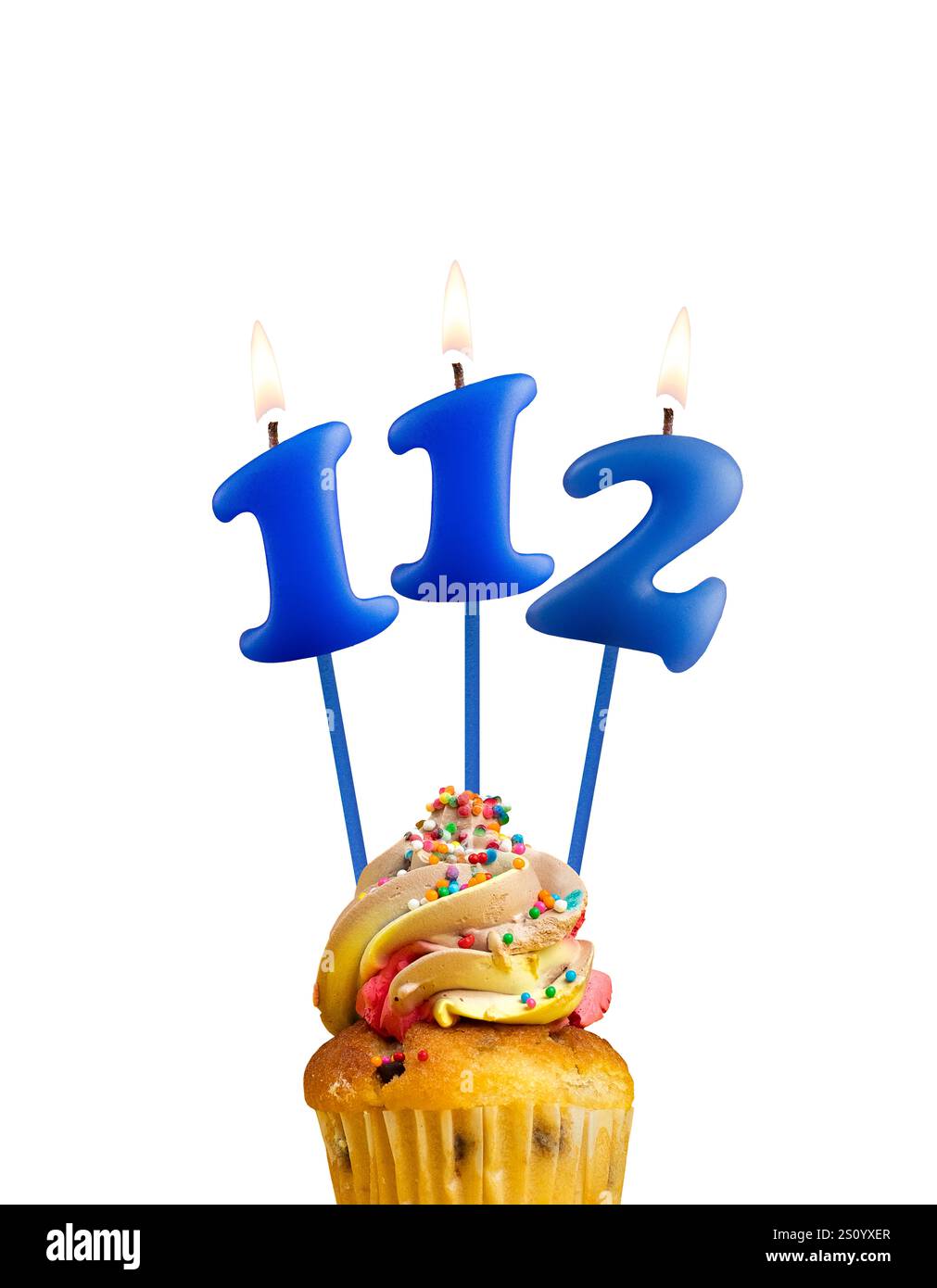 Candle in shape of the number 112 - Blue birthday on a white background ...