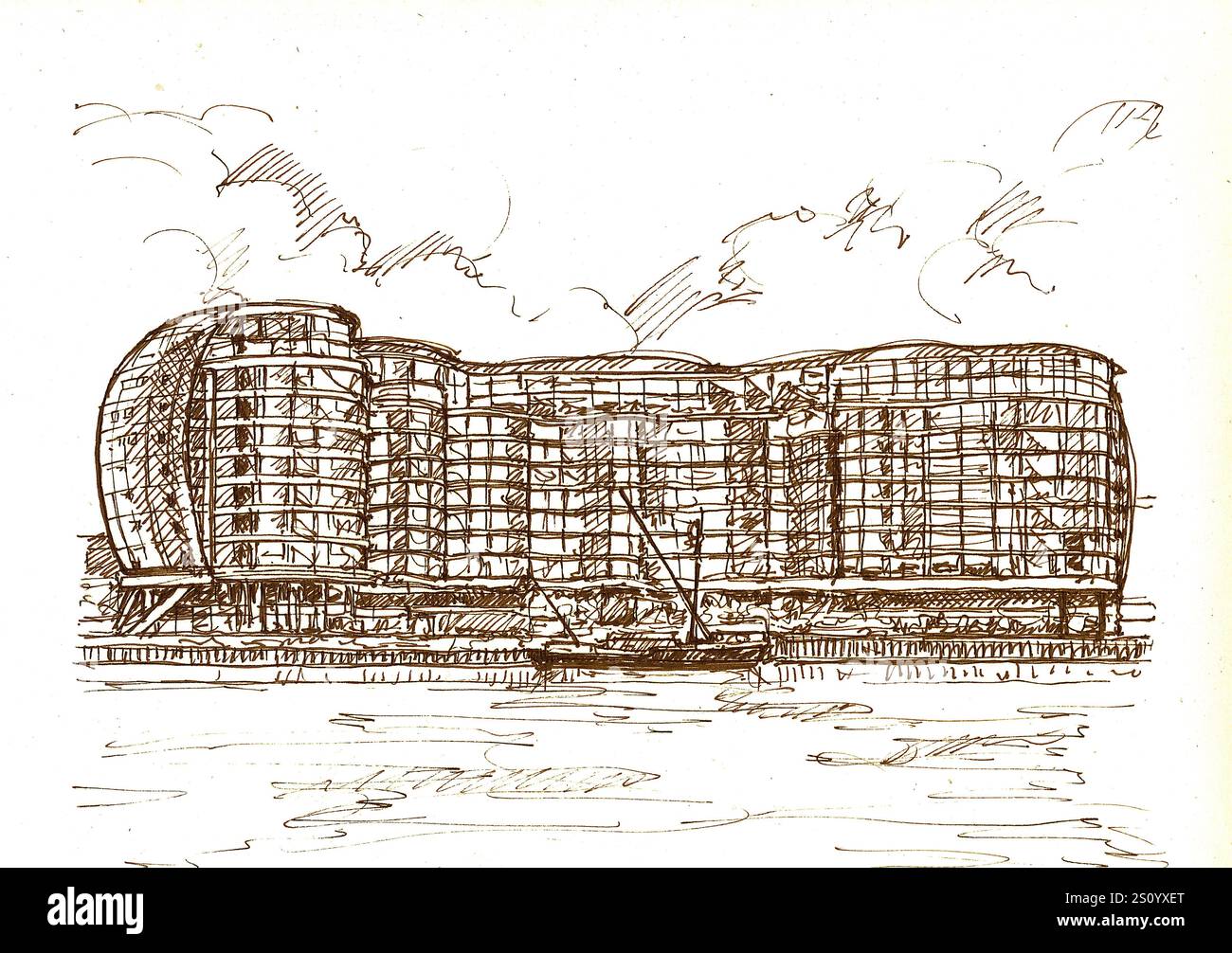 Pen and ink sketch in sepia of a modern apartment block in England, UK ...