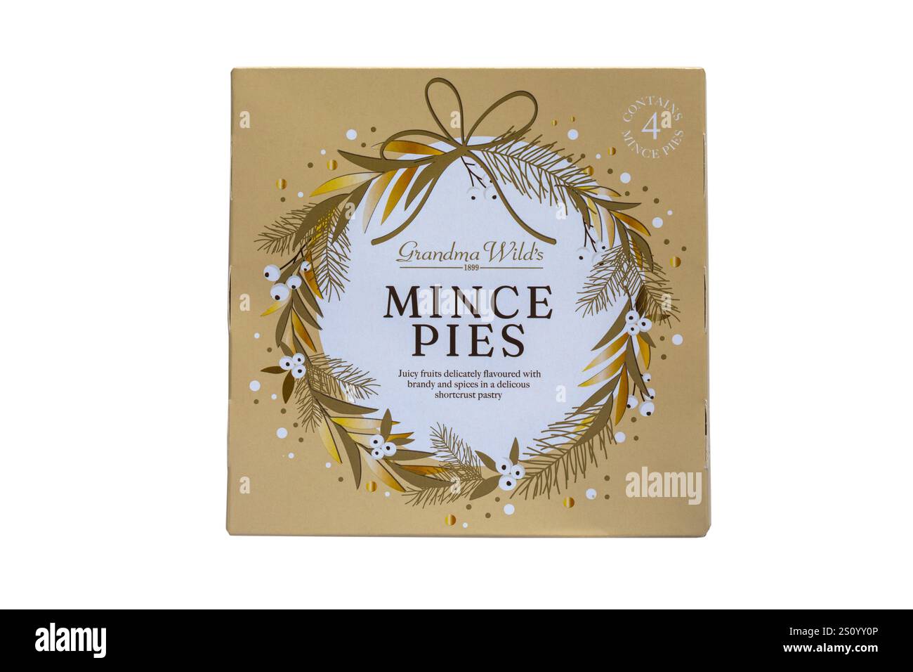 Box of Grandma Wild's Mince Pies with brandy and rich mincemeat filling isolated on white ...