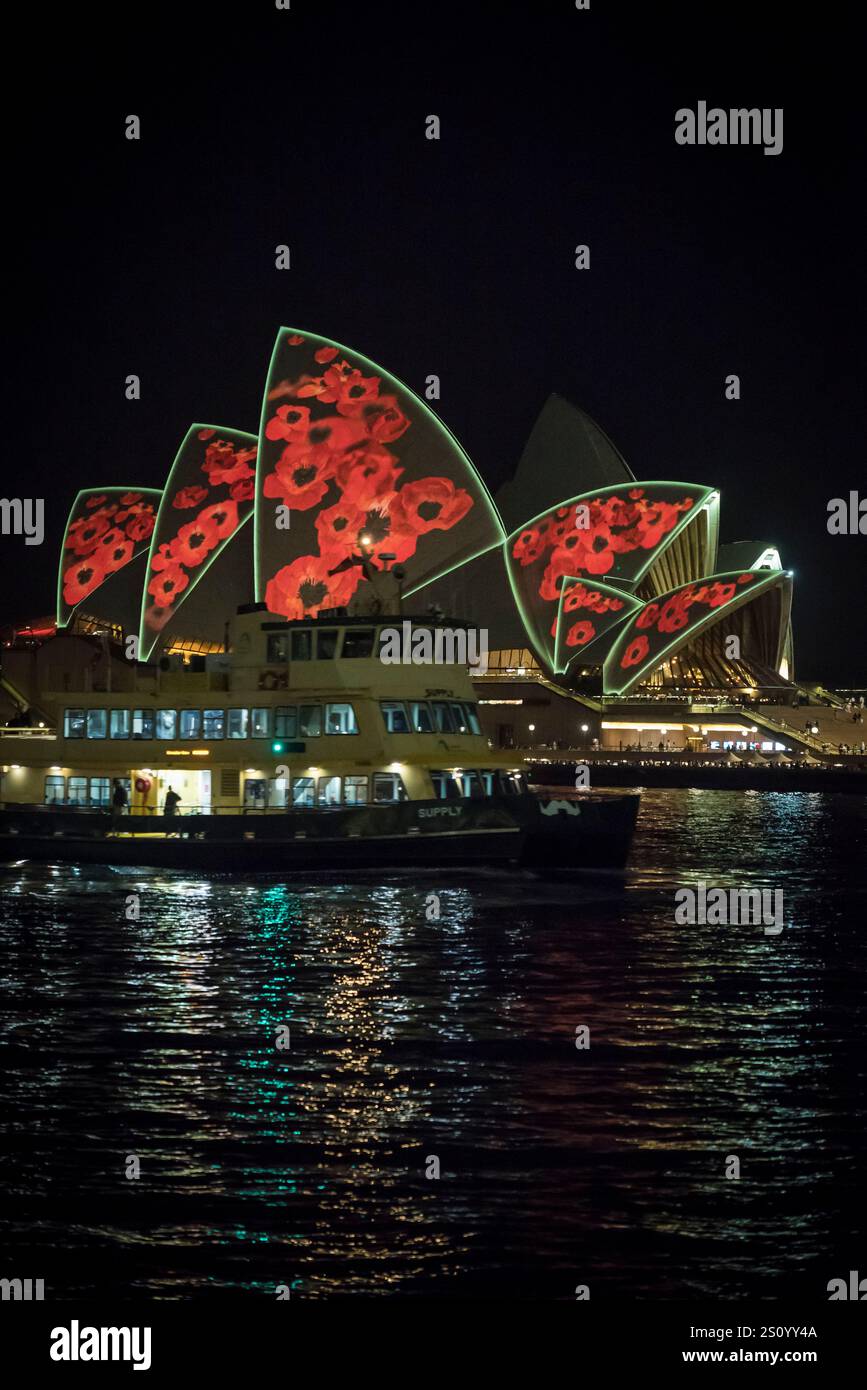 Sydney Opera House lit with red poppies for Armistice Day, Sydney, NSW ...