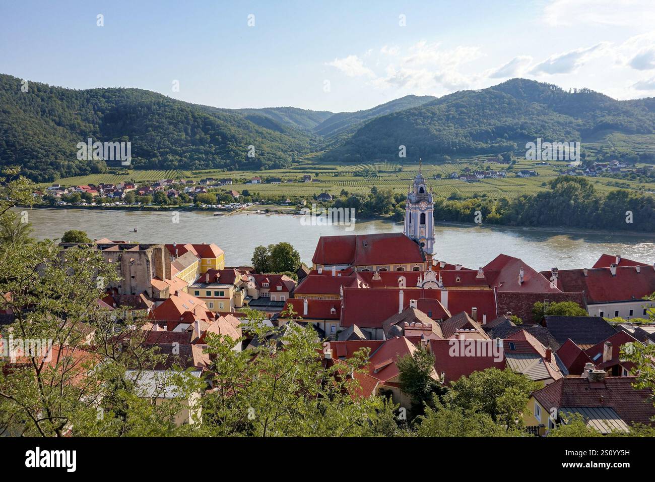 Landscape with Durnstein city in Austria at sunset with Danube river ...