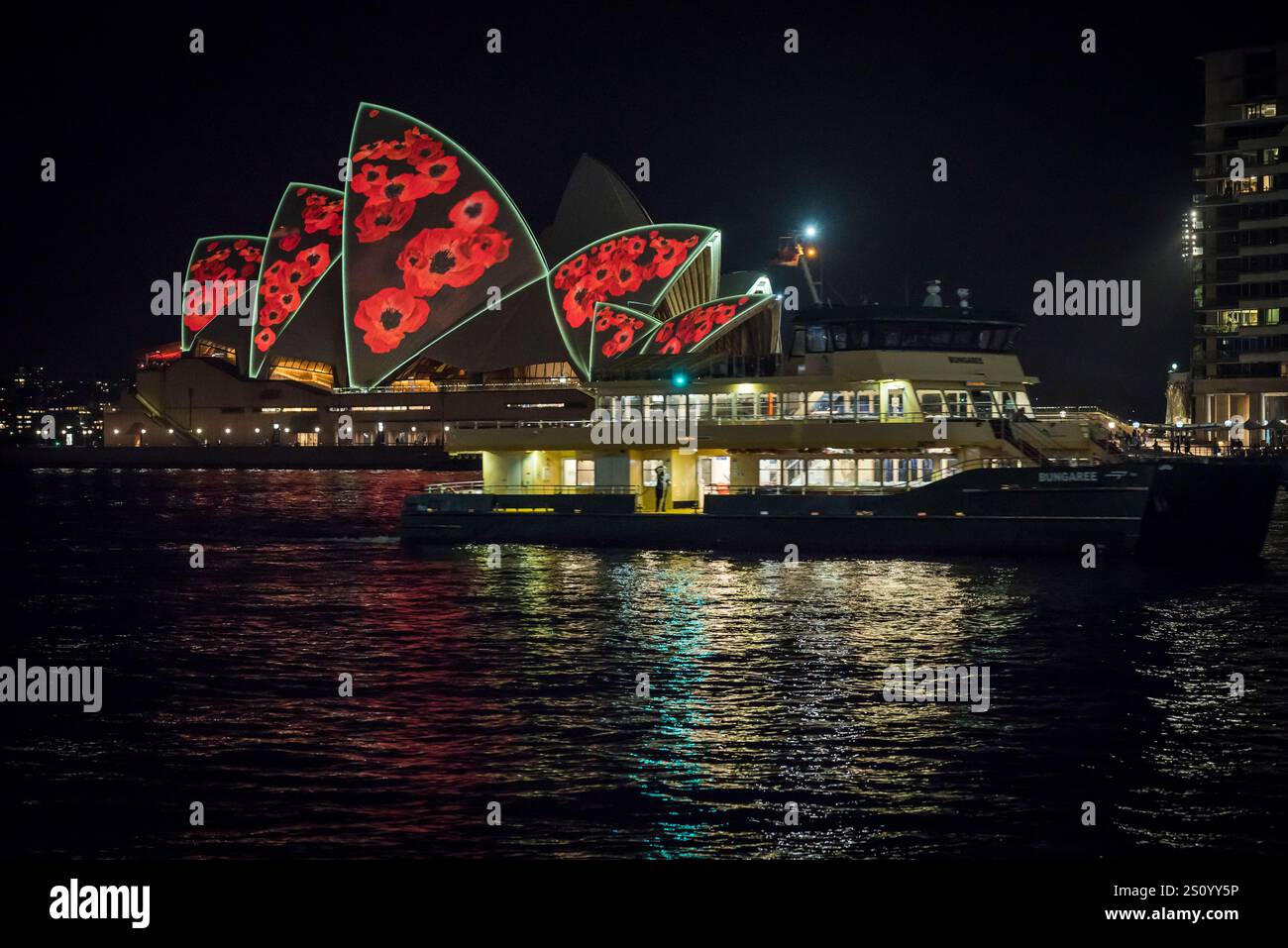 Sydney Opera House lit with red poppies for Armistice Day, Sydney, NSW ...