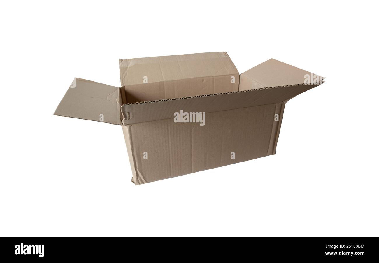 Open used brown cardboard mailing box isolated on white. Mail container ...