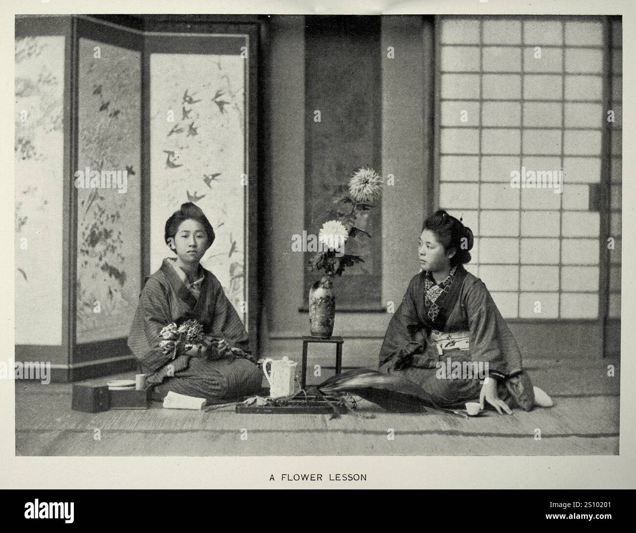 History of Japan, Japanesse women arraging flowers, a flower lesson ...