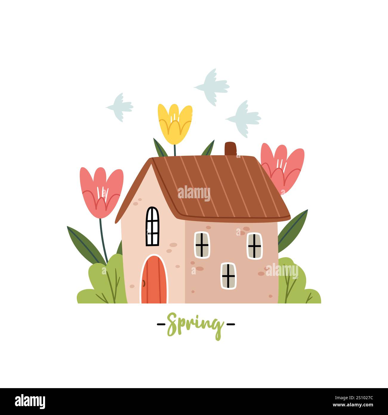 Cute spring house among tulip flowers. Spring card.Lovely, cartoon ...