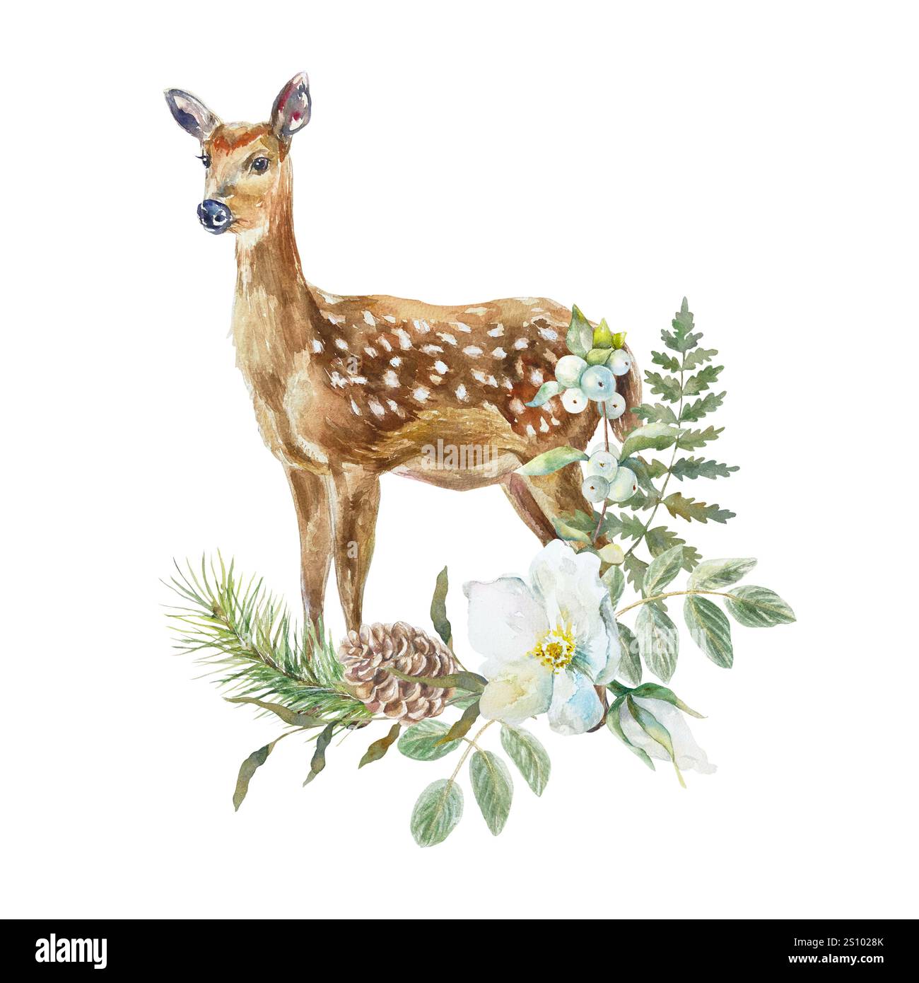 Sika deer, roe deer with flower, green leaves and spruce branch. Hand ...