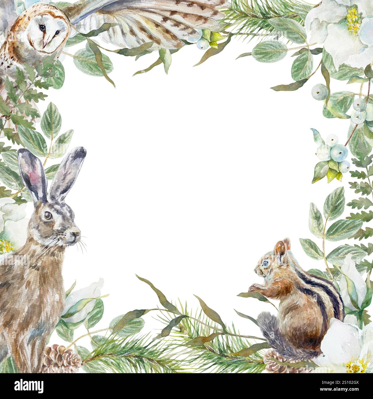 Floral frame with forest animals, hare, owl chipmunk, fir branches ...