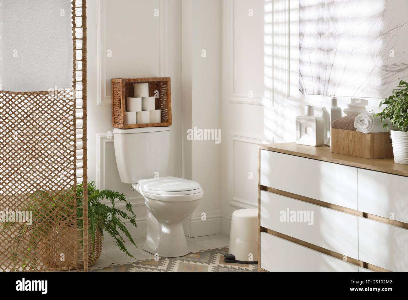 Folding screen, toilet bowl and houseplants in restroom Stock Photo - Alamy