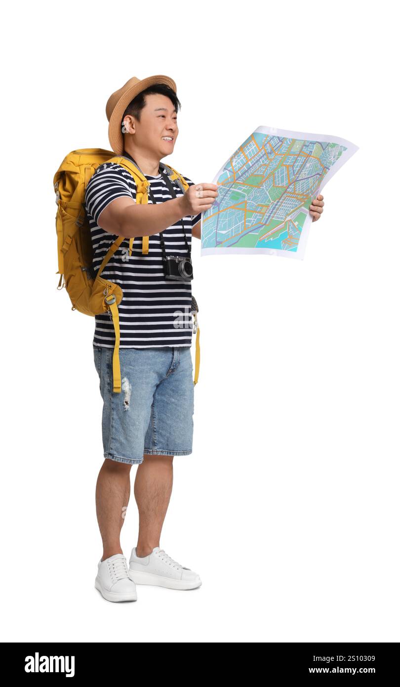 Traveller with map and backpack on white background Stock Photo - Alamy