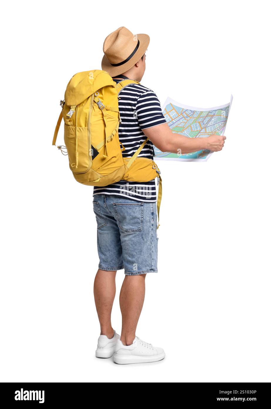 Traveller with map and backpack on white background Stock Photo - Alamy