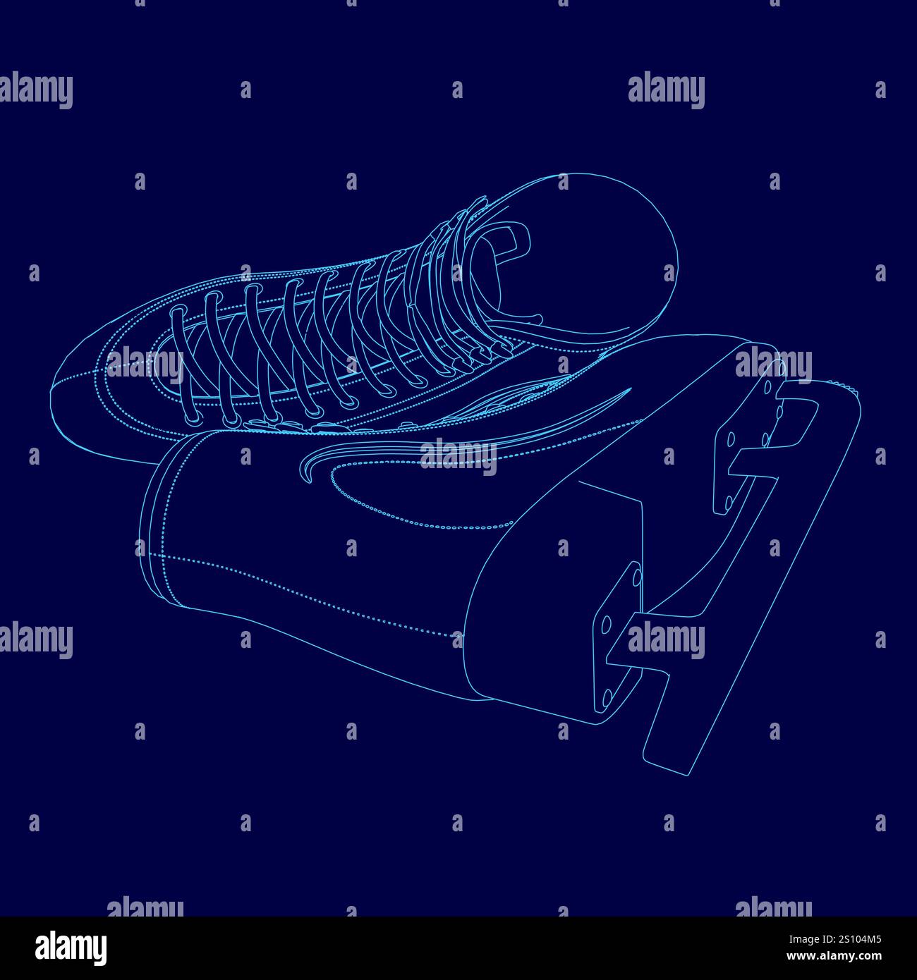 Pair of ice skates are shown in a blue background. The skates are drawn ...