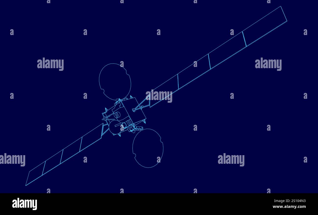 Blue satellite is shown in a blue background. The satellite is a large ...