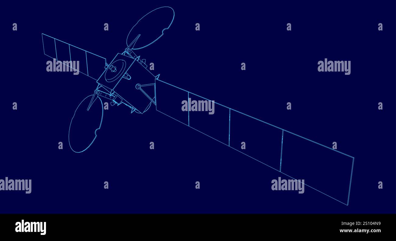 Blue satellite is shown in a blue background. The satellite is a large ...